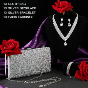 4 Pieces Clutch Purses Bag for Women Evening Rhinestone Jewelry Set Bling Necklace Earrings Bracelets Set for Wedding (Fresh Style)