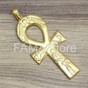 FAMA.store Egyptian Jewelry Ankh Cross Key of Life 18K Solid Yellow Gold necklas Pendant #6 (Large)