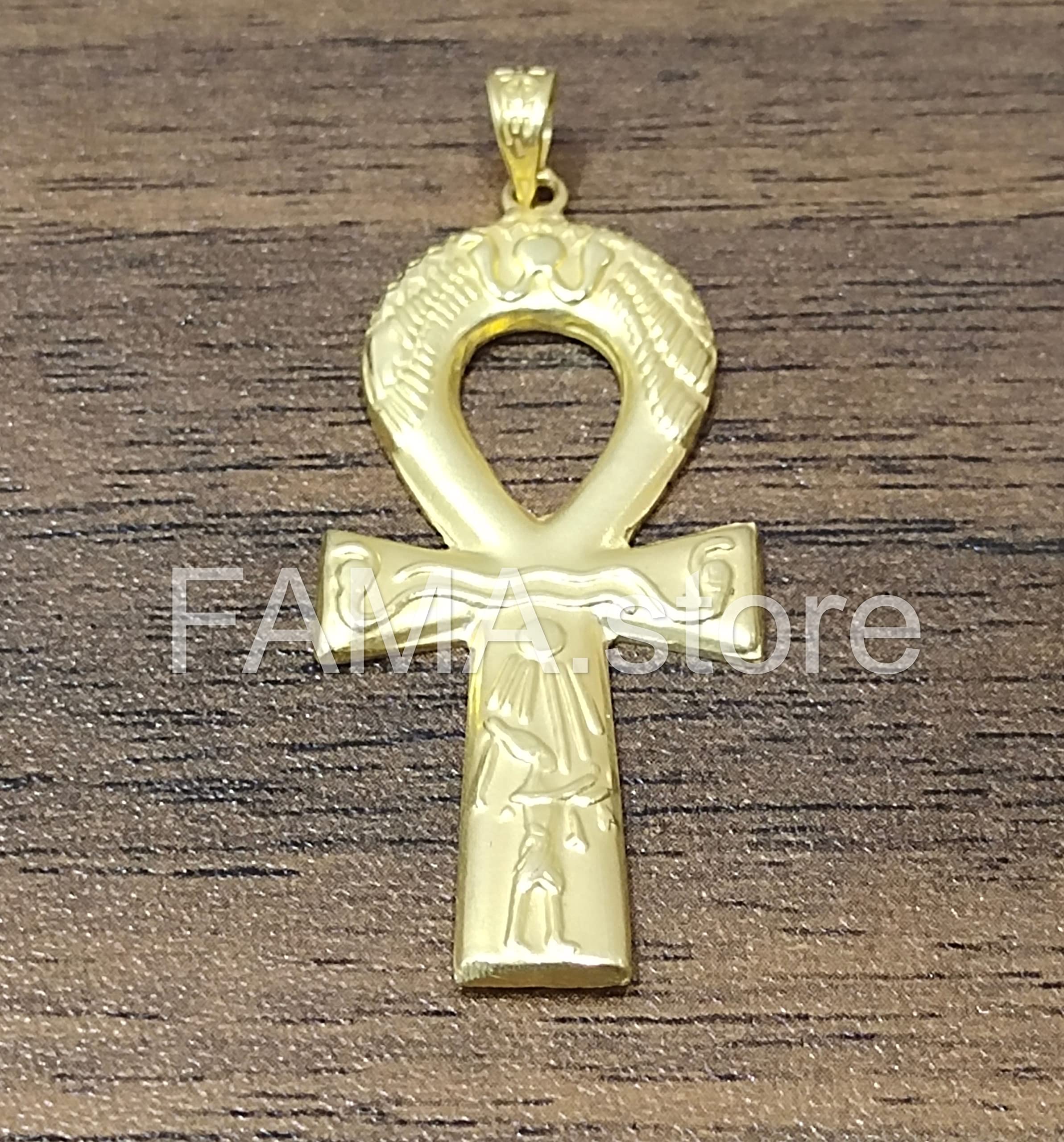 FAMA.store Egyptian Jewelry Ankh Cross Key of Life 18K Solid Yellow Gold necklas Pendant #6 (Large)