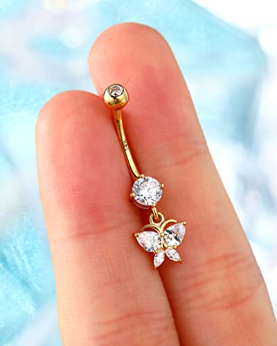 Melighting Gold Belly Rings 14K Solid Gold Butterfly Belly Button Rings for Women Gold Dangle Belly Piercing Clear CZ Gold Navel Rings for Woman Body Piercing Jewelry