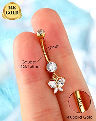 Melighting Gold Belly Rings 14K Solid Gold Butterfly Belly Button Rings for Women Gold Dangle Belly Piercing Clear CZ Gold Navel Rings for Woman Body Piercing Jewelry