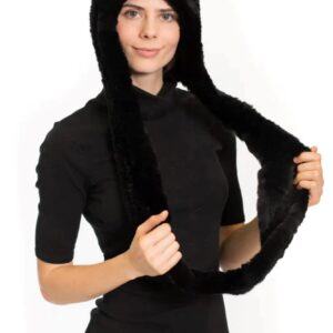 Knitted Rex Rabbit Infinity Scarf w Hood Fur Scarves Wrap Shawl Fur Cashmere Pashmina Silk Wool Cape Cashmere Cape (Ebony Black)