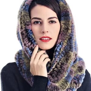 Knitted Rex Rabbit Infinity Scarf w Hood Fur Scarves Wrap Shawl Fur Cashmere Pashmina Silk Wool Cape Cashmere Cape (Ebony Black)