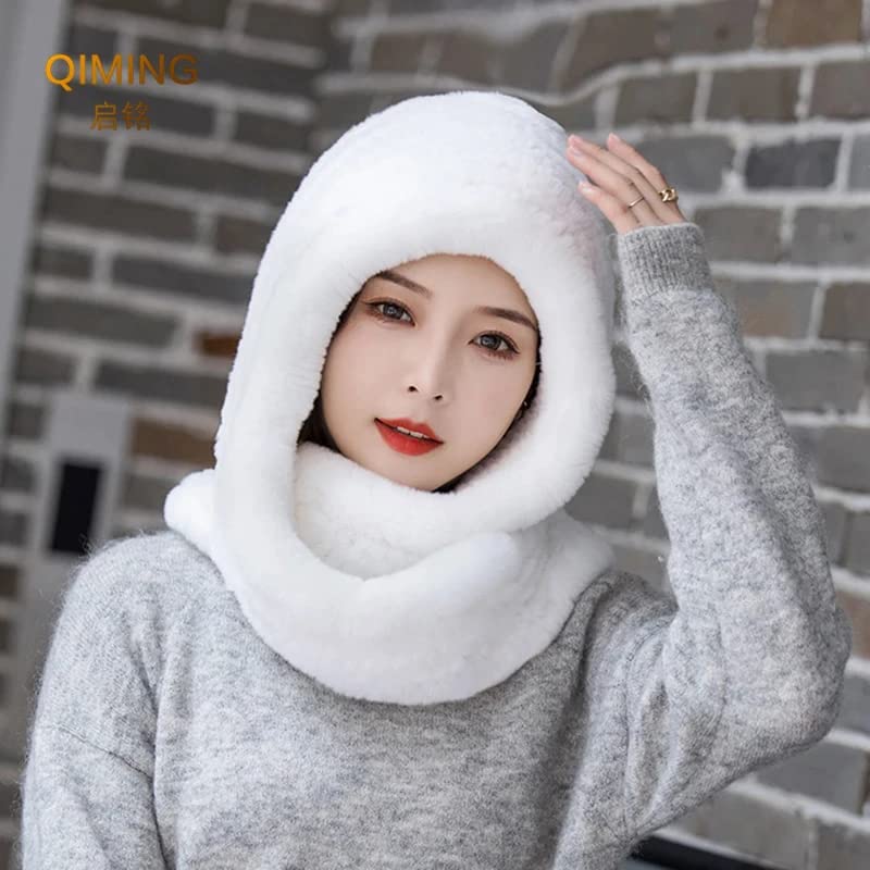 Knitted Rex Rabbit Infinity Scarf w Hood Fur Scarves Wrap Shawl Fur Cashmere Pashmina Silk Wool Cape Cashmere Cape (Ebony Black)