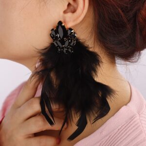 Denifery Long Feather Earrings Bohemian Earrings Multicolor Tassel Handmade Feather Earrings Dangling Earrings for Women and Girls (Black)