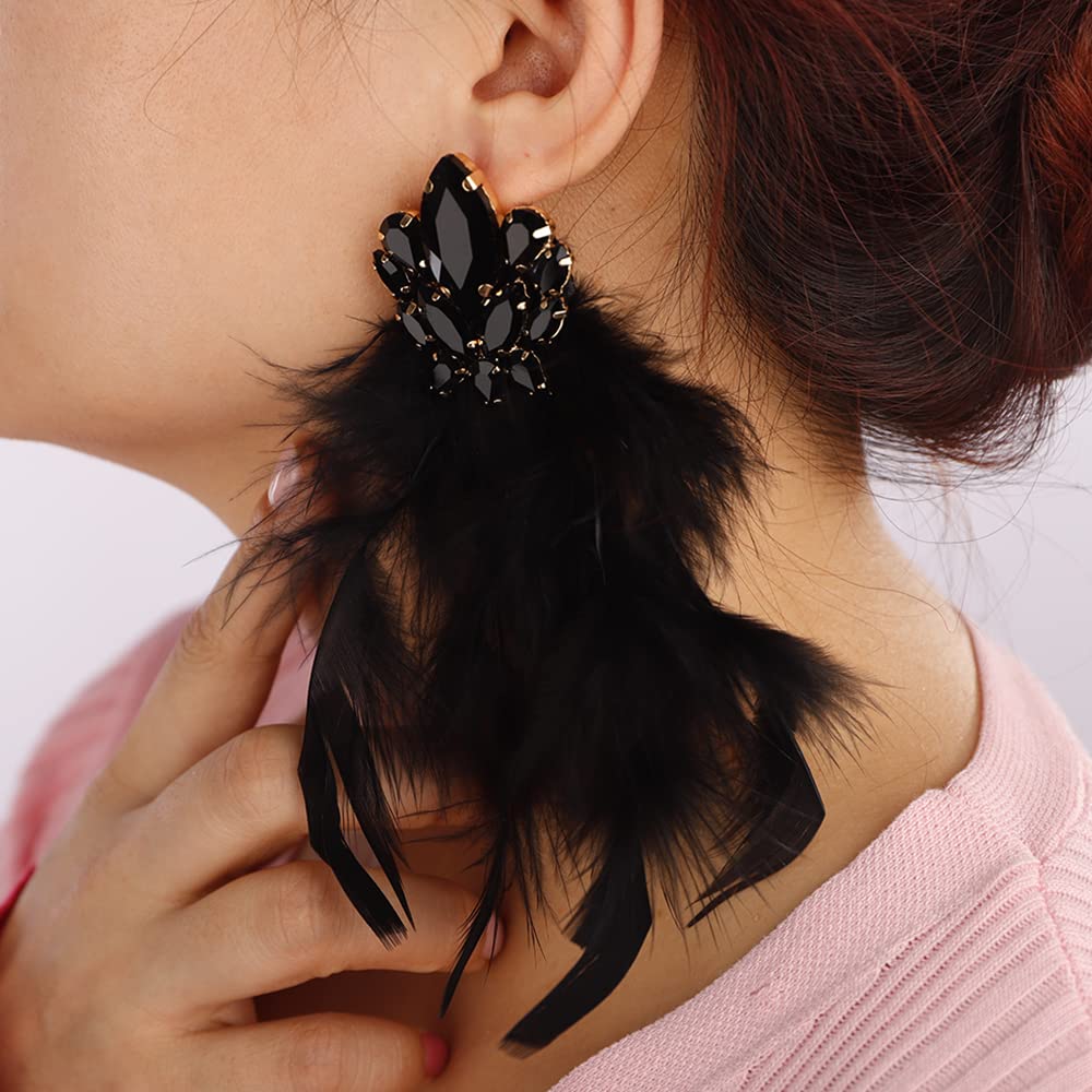 Denifery Long Feather Earrings Bohemian Earrings Multicolor Tassel Handmade Feather Earrings Dangling Earrings for Women and Girls (Black)