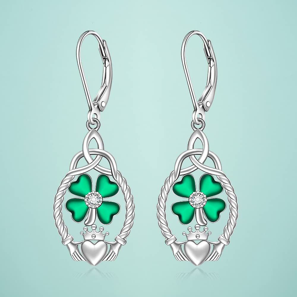 St Patricks Day Earrings Shamrock Earrings for Women Sterling Silver Four Leaf Clover Celtic Claddagh Green Irish Shamrock Dangle 4 Leaf Clover Jewelry Lucky Gifts