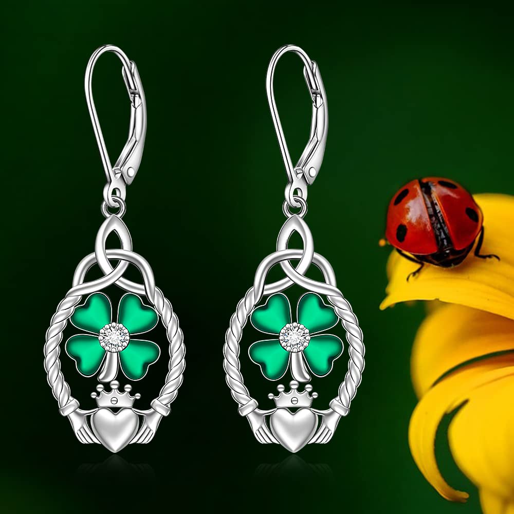 St Patricks Day Earrings Shamrock Earrings for Women Sterling Silver Four Leaf Clover Celtic Claddagh Green Irish Shamrock Dangle 4 Leaf Clover Jewelry Lucky Gifts