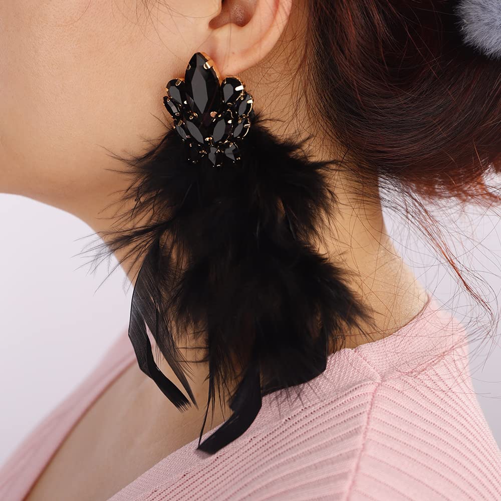 Denifery Long Feather Earrings Bohemian Earrings Multicolor Tassel Handmade Feather Earrings Dangling Earrings for Women and Girls (Black)