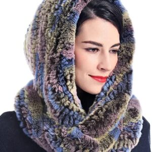 Knitted Rex Rabbit Infinity Scarf w Hood Fur Scarves Wrap Shawl Fur Cashmere Pashmina Silk Wool Cape Cashmere Cape (Ebony Black)