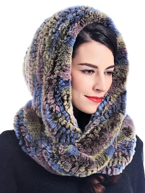 Knitted Rex Rabbit Infinity Scarf w Hood Fur Scarves Wrap Shawl Fur Cashmere Pashmina Silk Wool Cape Cashmere Cape (Ebony Black)