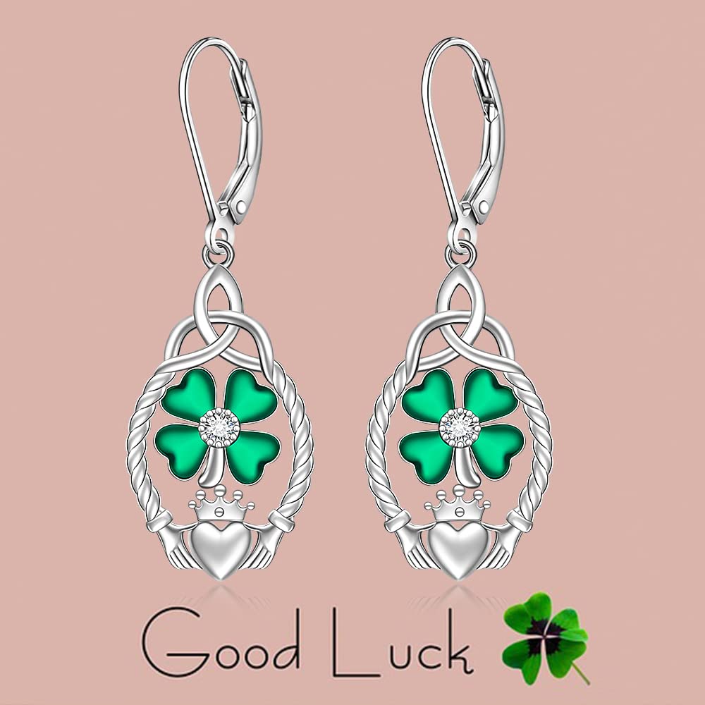 St Patricks Day Earrings Shamrock Earrings for Women Sterling Silver Four Leaf Clover Celtic Claddagh Green Irish Shamrock Dangle 4 Leaf Clover Jewelry Lucky Gifts