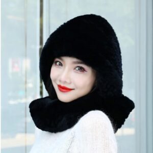 Knitted Rex Rabbit Infinity Scarf w Hood Fur Scarves Wrap Shawl Fur Cashmere Pashmina Silk Wool Cape Cashmere Cape (Ebony Black)