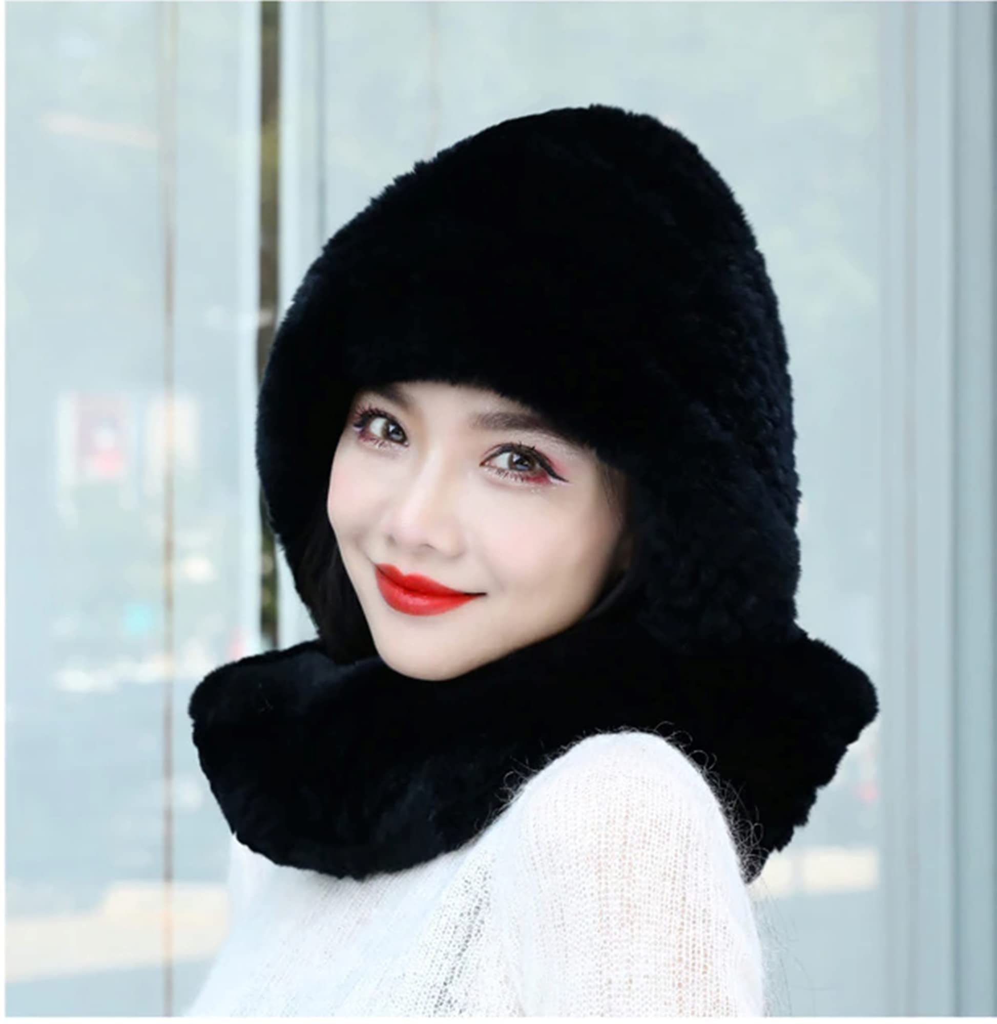 Knitted Rex Rabbit Infinity Scarf w Hood Fur Scarves Wrap Shawl Fur Cashmere Pashmina Silk Wool Cape Cashmere Cape (Ebony Black)