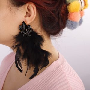 Denifery Long Feather Earrings Bohemian Earrings Multicolor Tassel Handmade Feather Earrings Dangling Earrings for Women and Girls (Black)