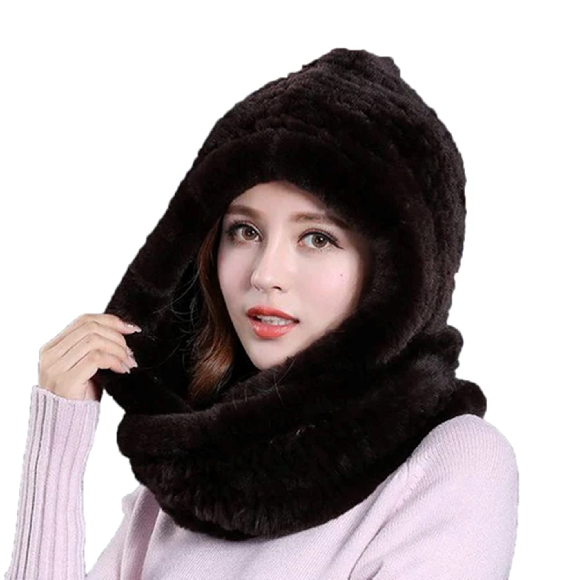 Knitted Rex Rabbit Infinity Scarf w Hood Fur Scarves Wrap Shawl Fur Cashmere Pashmina Silk Wool Cape Cashmere Cape (Ebony Black)