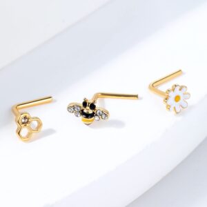 Jewseen 3PCS Nose Rings 20G Gold Nose Stud Surgical Steel Nose Piercing Jewelry Bee Nostril Piercing Jewelry L-Shaped Nose Piercings for Women Men