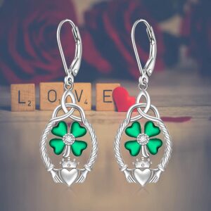 St Patricks Day Earrings Shamrock Earrings for Women Sterling Silver Four Leaf Clover Celtic Claddagh Green Irish Shamrock Dangle 4 Leaf Clover Jewelry Lucky Gifts