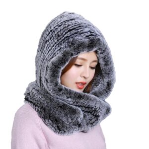 Knitted Rex Rabbit Infinity Scarf w Hood Fur Scarves Wrap Shawl Fur Cashmere Pashmina Silk Wool Cape Cashmere Cape (Ebony Black)