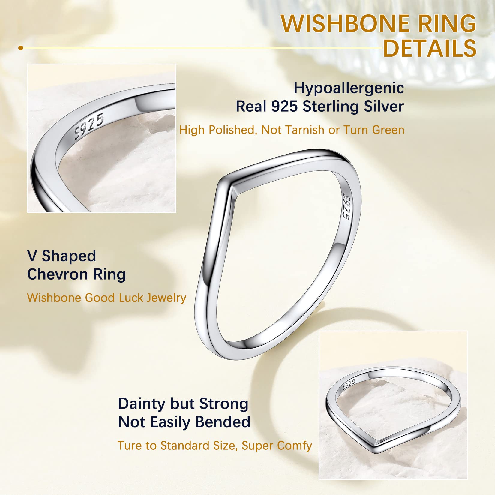 Suplight Small Wishbone Ring 925 Sterling Silver V Shaped Chevron Rings for Women Size 5