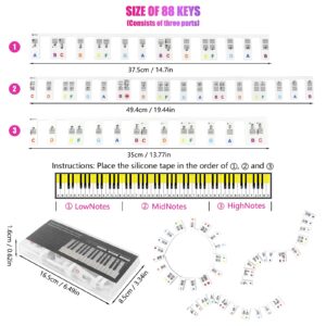 Dreamtop Removable Piano Keyboard Note Labels, 88 Key Full Size Silicone Piano Notes Guide, Piano Keyboard Stickers, Pinao No Need Stickers, Keyboard Piano Note Strips for Beginners