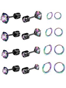 titanium screw back stainless steel stud and hoop earrings for women men (black set-rainbow cz)