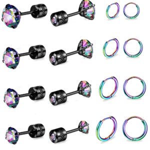 Titanium Screw Back Stainless Steel Stud and Hoop Earrings for Women Men (Black Set-Rainbow CZ)