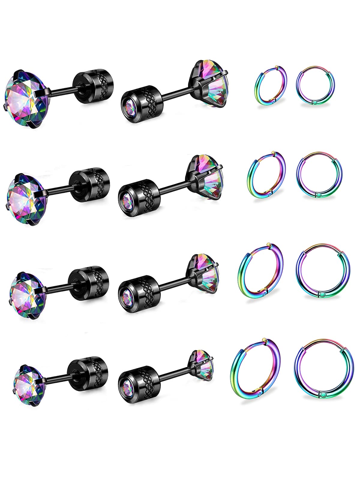 Titanium Screw Back Stainless Steel Stud and Hoop Earrings for Women Men (Black Set-Rainbow CZ)