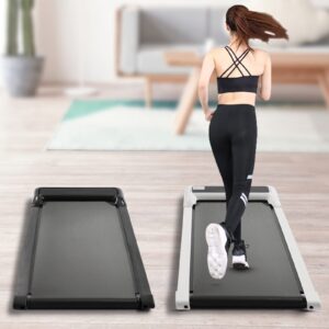 Flat Electric Walking Folding Treadmill, Portable Smart Safety Running Device Ultra Slim Under Desk Walking Pad Home Office Running Machine Remote Control LED Display 1-8km/h/0.62-4.97mph(Black)