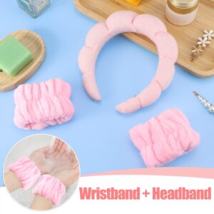 Sponge Spa Headband for Women, Makeup Headband and Wrist Washband Set Pink Skincare Facial Headband for Face Washing, Skincare, Teen Girl Gifts Trendy Stuff