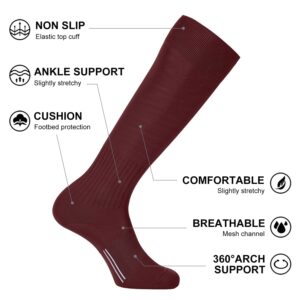 FITRELL 2/3 Pack Soccer Socks For Youth Kids Adult Baseball Softball Football Socks For Men Women Boys Girls, Maroon, X-Small