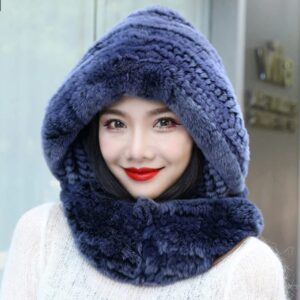 Knitted Rex Rabbit Infinity Scarf w Hood Fur Scarves Wrap Shawl Fur Cashmere Pashmina Silk Wool Cape Cashmere Cape (Ebony Black)