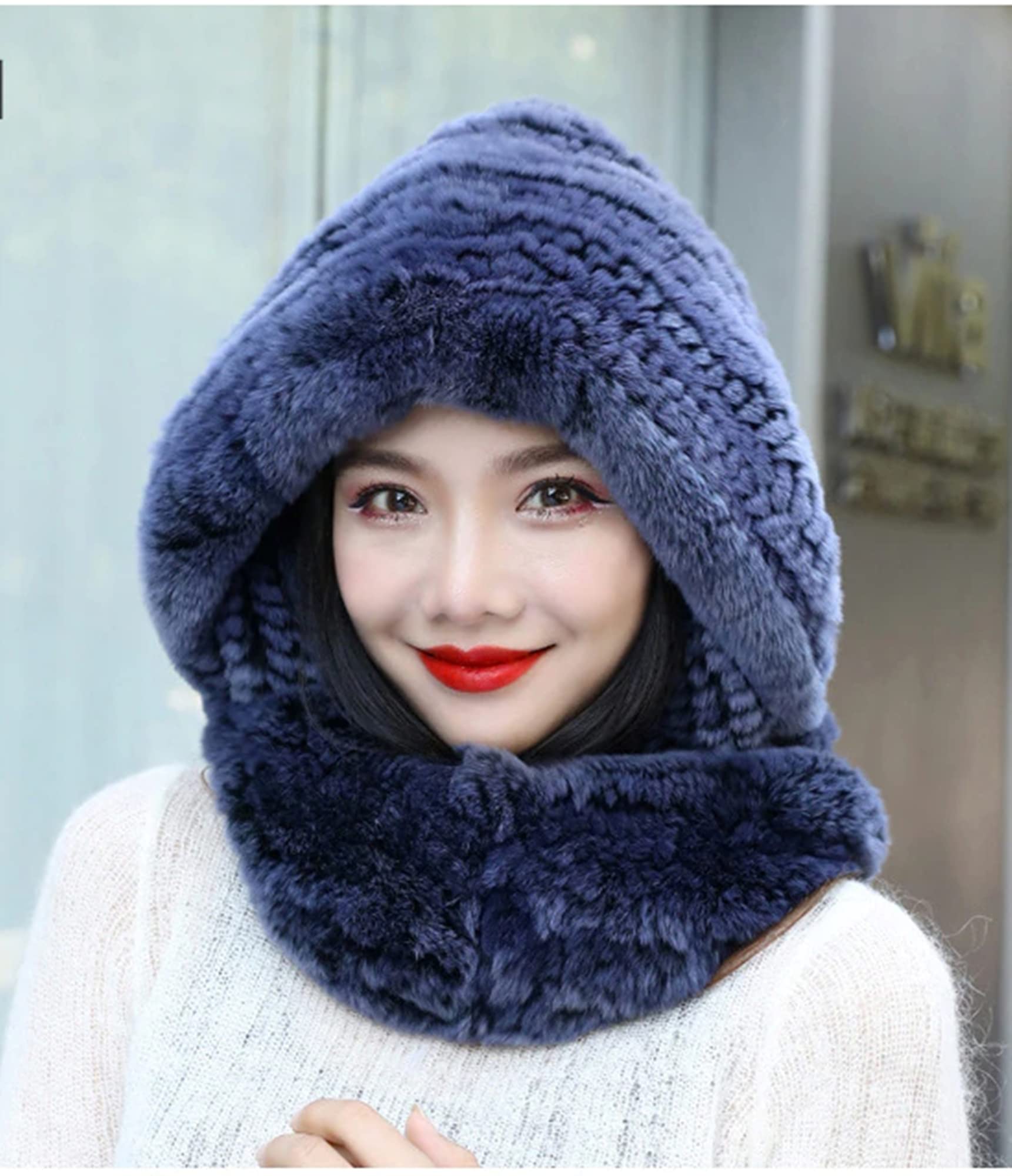 Knitted Rex Rabbit Infinity Scarf w Hood Fur Scarves Wrap Shawl Fur Cashmere Pashmina Silk Wool Cape Cashmere Cape (Ebony Black)