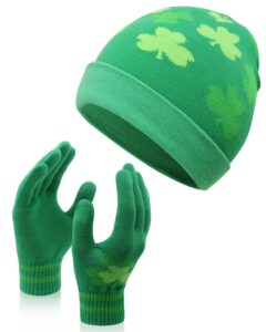 2pcs st patrick's day beanie and gloves set spring green shamrock hat st patricks day accessories irish knitted hat clover glove for women and men saints beanie gift