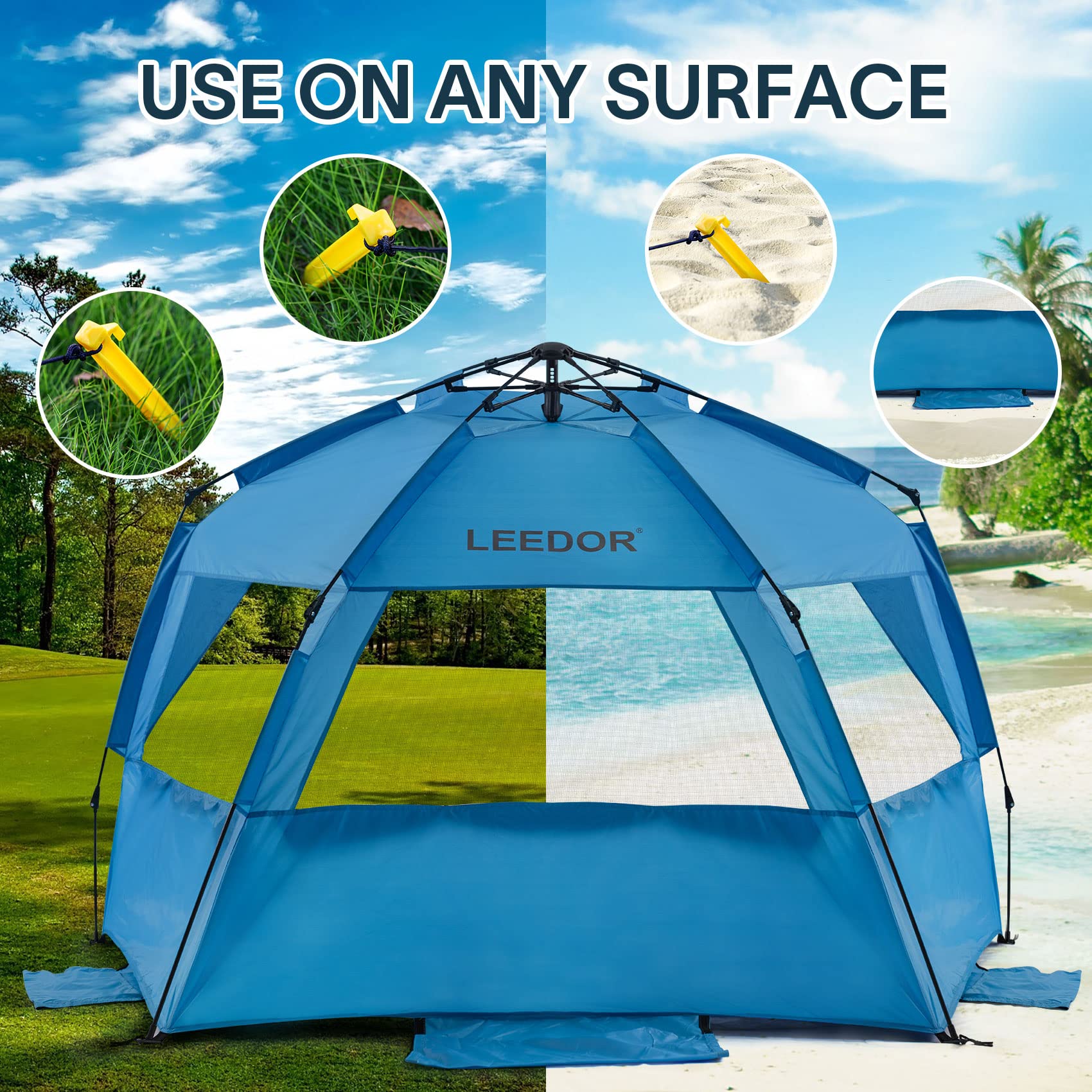 Leedor Beach Tent Sun Shelter Instant Beach Umbrella Easy Cabana with UPF 50+ UV Portable Windproof Pop Up Shade for 3 to 4 Person for Family Patent Pending