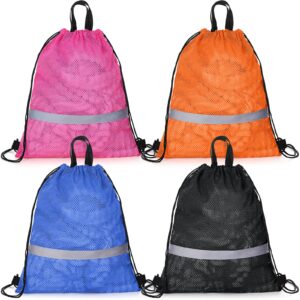 4 pcs summer reflective large mesh drawstring bag with zipper pocket net quick drying swimming bag beach soccer mesh backpack foldable swim gear bag for adults teens sports gym equipment, 4 colors