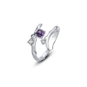 925 sterling silver designed ring female ins style purple zircon irregular line fashion unique open end ring jewelry gift for women (three zircon gemstones)