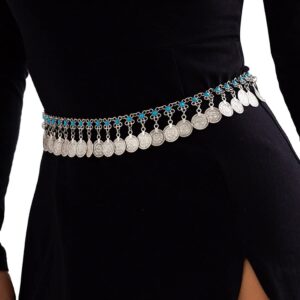 Urieo Boho Coin Waist Chain Belt Pendant Silver Belly Chains Adjustable Bikini Party Dress Chain Belts Body Jewelry for Women