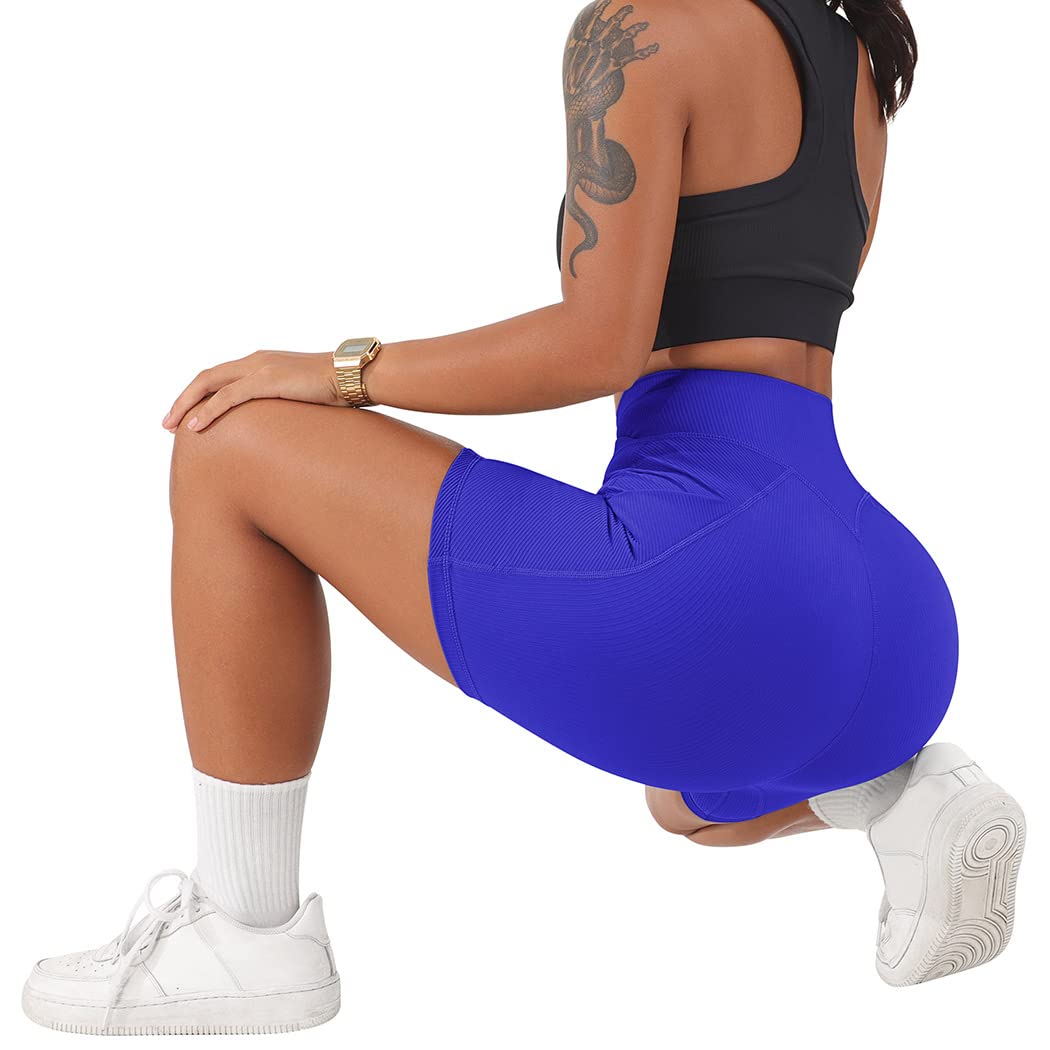 SUUKSESS Women Cross Waist Workout Shorts with Pockets Ribbed High Waisted Booty Biker Shorts (#1 Royal Blue, S)