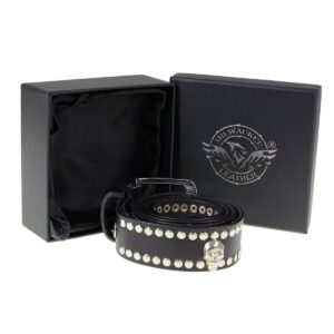 Milwaukee Leather MP7103 Men's Black Studs and Skulls Genuine Leather Belt for Biker with Buckle - 1.5 inches Wide - Large