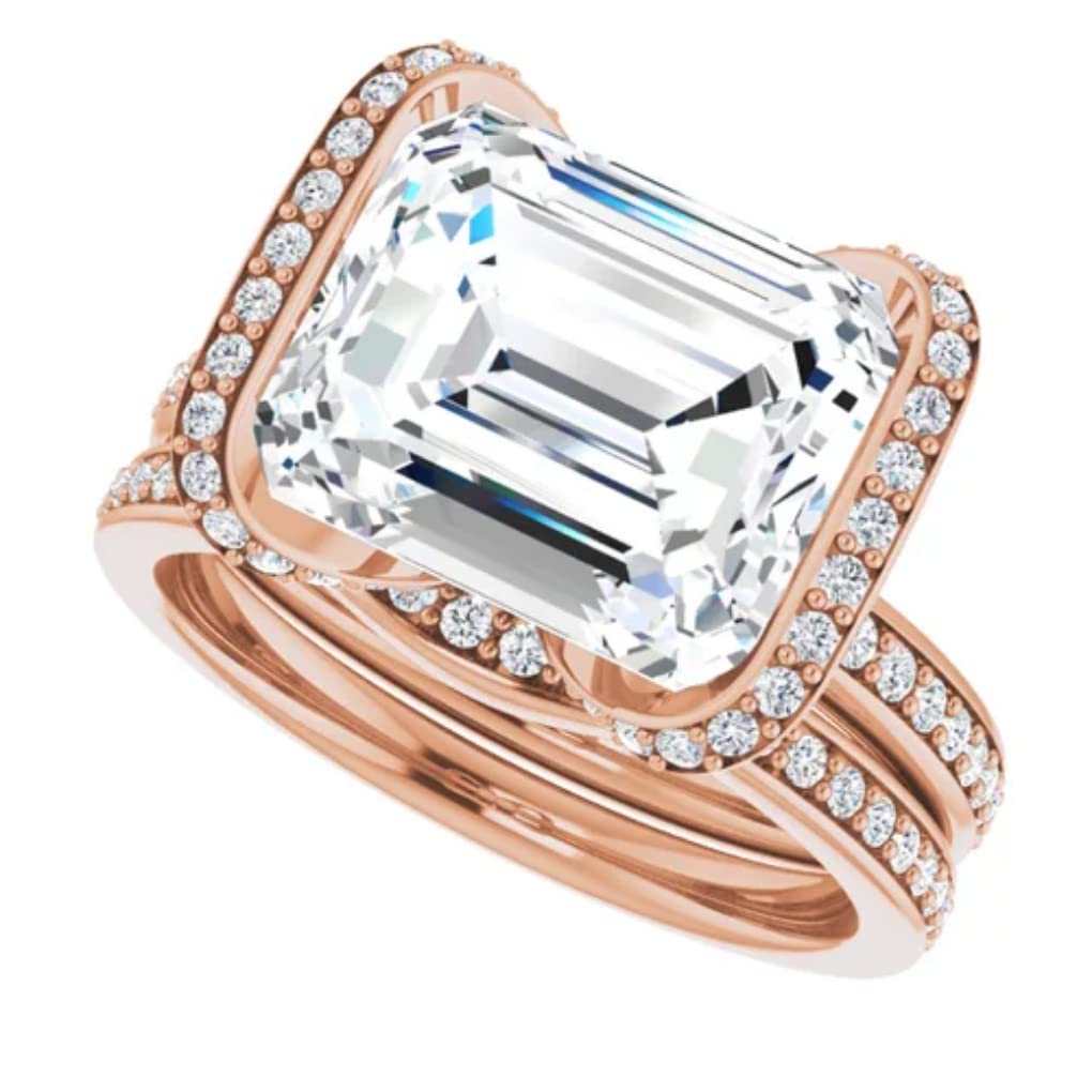 5 CT Emerald Cut Engagement Ring Set for Women Moissanite Ring Solitaire Halo Promise 925 Silver 10K/14K/18K Solid Rose Gold Bridal Ring Set (8)