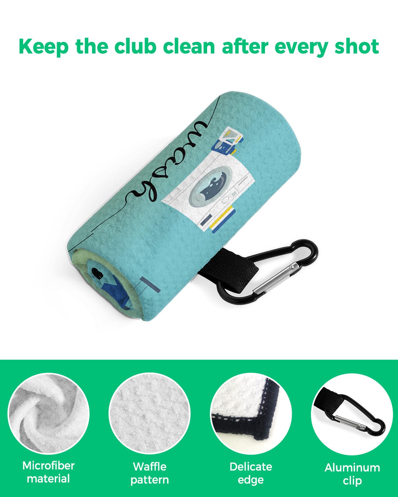 Golf Towel Microfiber Waffle Pattern Towel with Carabiner Clip,Laundry Dirty Basket Cloth Washing Machine Golf Towels for Man Woman Club Cleaner,Wash Dry Quote Teal Gradient Back Golf Accessories