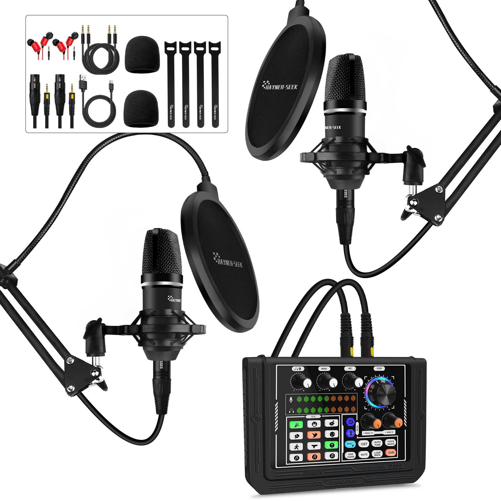 Hayner-Seek Audio Interface Podcast Equipment Bundle for 2, Podcast Kit Audio Interface with Sound DJ Mixer for Live Streaming/Recording/Gaming, Phone/PC/Laptop