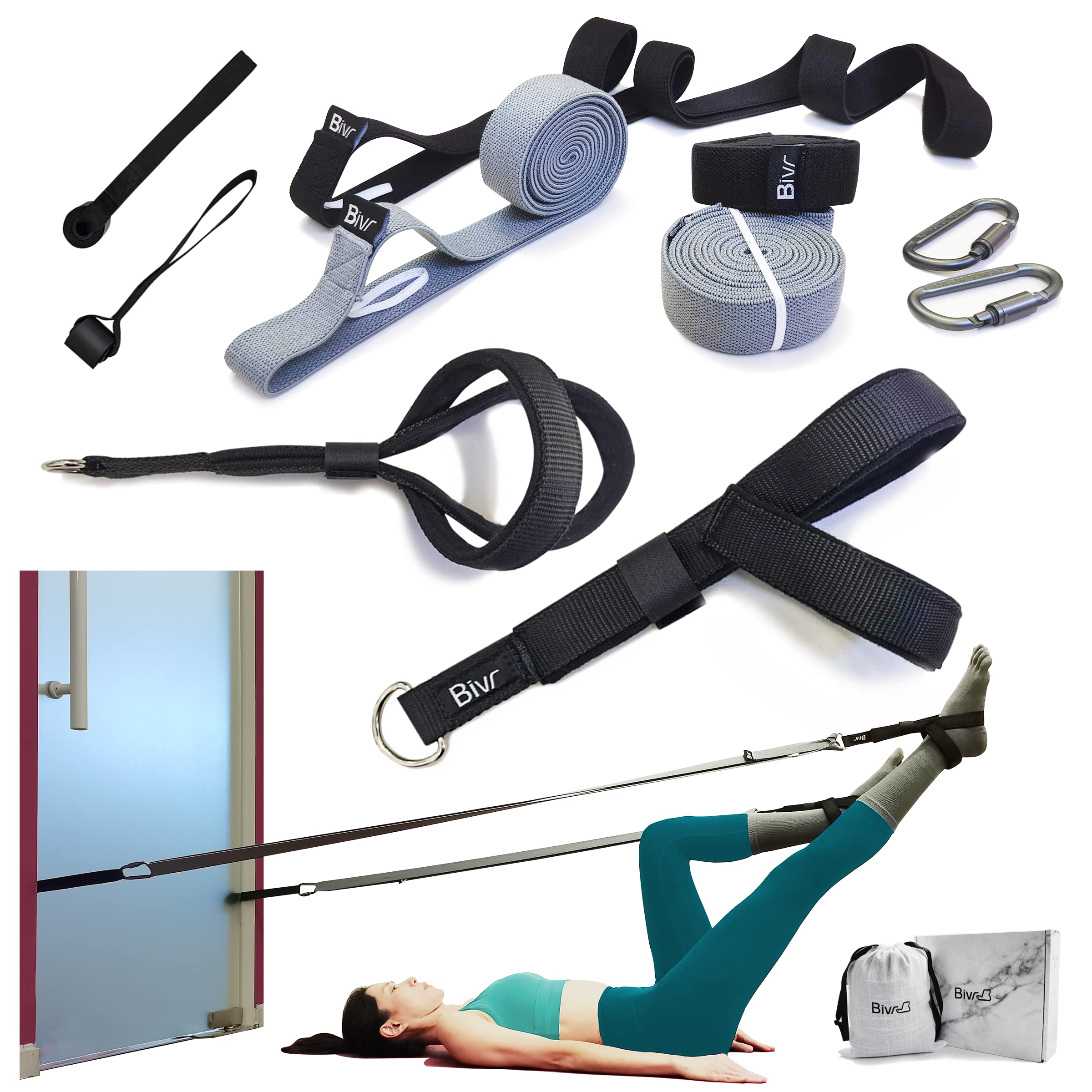 BIVR Portable Pilates Home Kit - Home Workout Equipment with Designed Pilates Loop Straps, Fabric Long Resistance Exercise Bands, Door Anchors and Aluminum Carabiners for Working Out as in Reformer