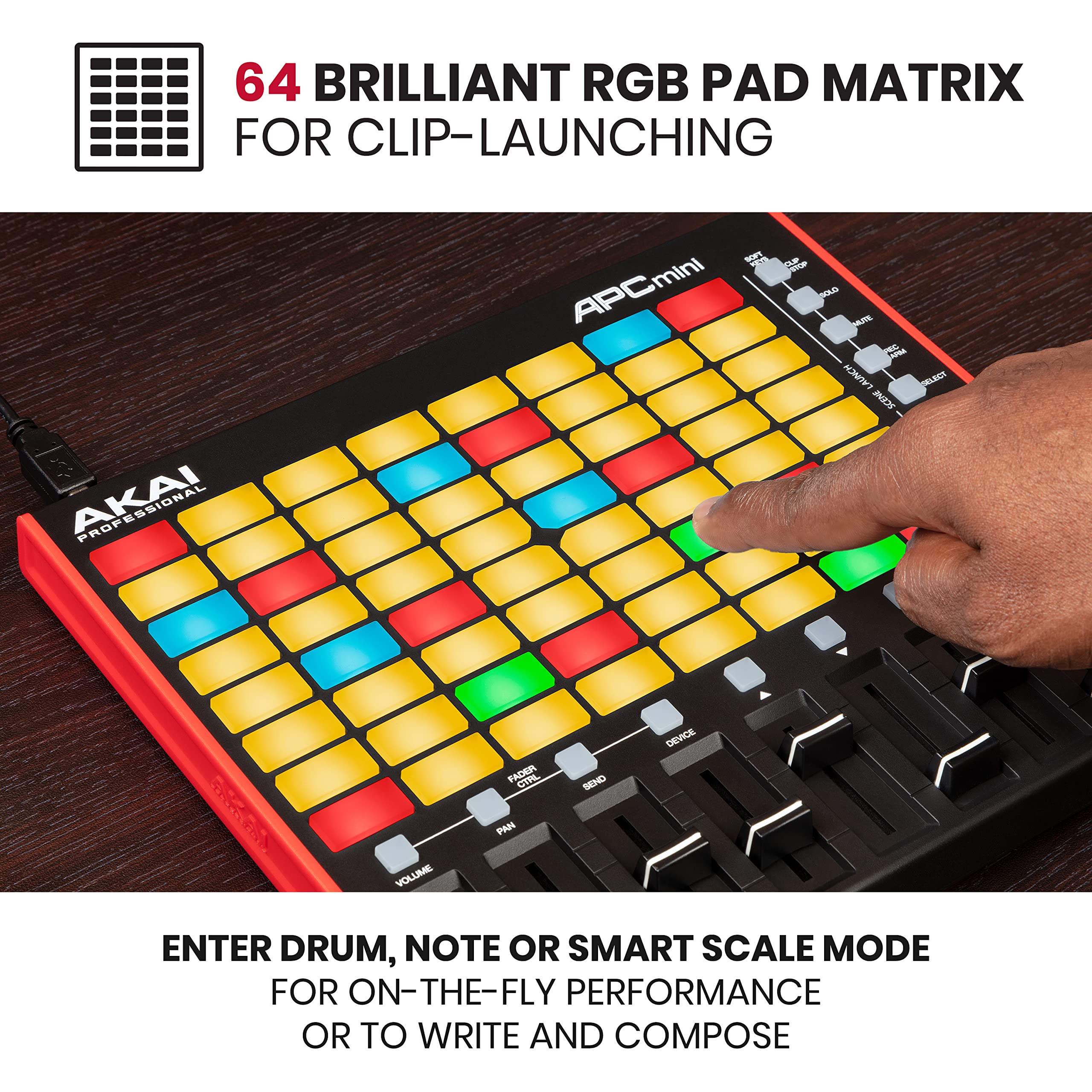 AKAI Professional APC Mini MK2 - USB MIDI Pad Controller for Clip Launching with Ableton Live Lite, 64 RGB Pads, Drum and Note Mode and MIDI Mixer