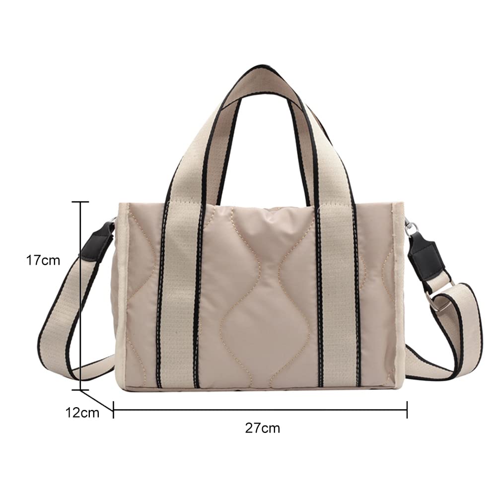 AZURAOKEY Puffer Tote Bag for Women, Fashion Crossbody Bags Cotton Padded Shoulder Crossbody Bag Quilted Hit Color Portable Zipper Autumn Winter Purse for Office Travel-Beige