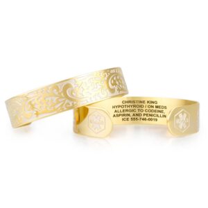 lauren's hope custom engraved medical id cuff bracelets for women, rose gold, silver and gold (gold tone)