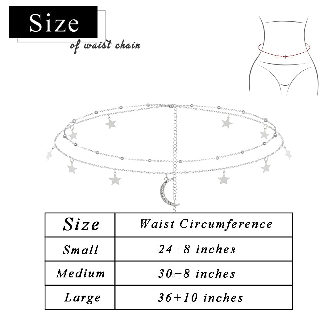 Wriidy Layered Moon Star Waist Chain Beads Silver Belly Chain Body Chains Jewelry Accessories for Women