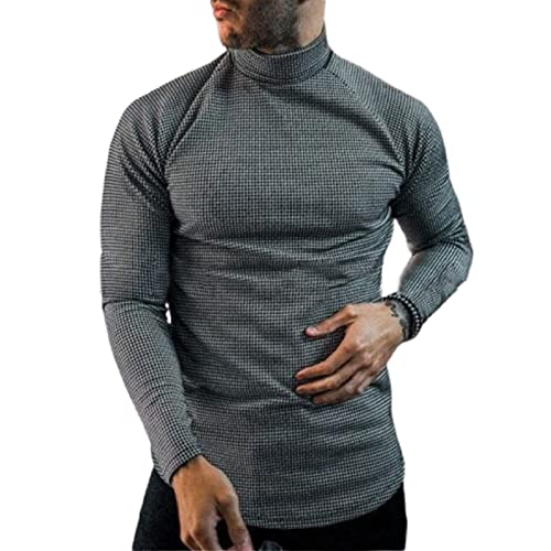 Turtleneck Men Long Sleeve Shirt Fashion T-Shirts Plaid Houndstooth Undershirts Mock Turtle Neck Slim Fit Shirts Grey Black XL