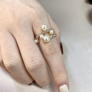 Shell Pearls CZ Wedding Statement Ring for Women Gold Plated Layered Rhinestone Mini Imitation Pearls Open Band Finger Rings Comfort Fit Dainty Birthday Valentine Anniversary Jewelry Size 8